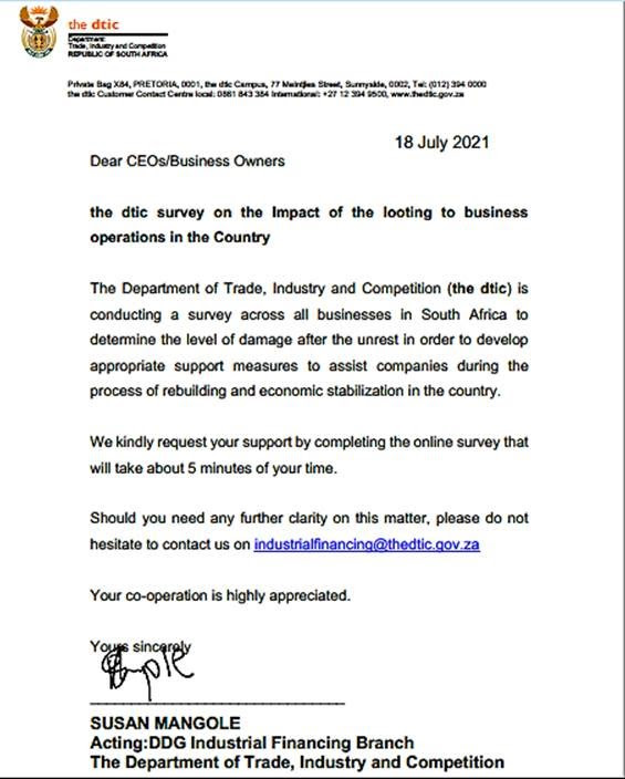 The DTIC and DSBD Survey on the Impact of the Looting to Businesses ...